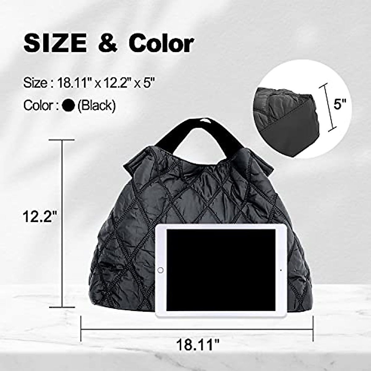 Lightweight (Black) Shoulder bag for Women, 18.11 x 12.2 x 5" Fits anywhere Soft Quilted Padding PufferTote Bag, Purse, Big Capacity, lightweight and durable.