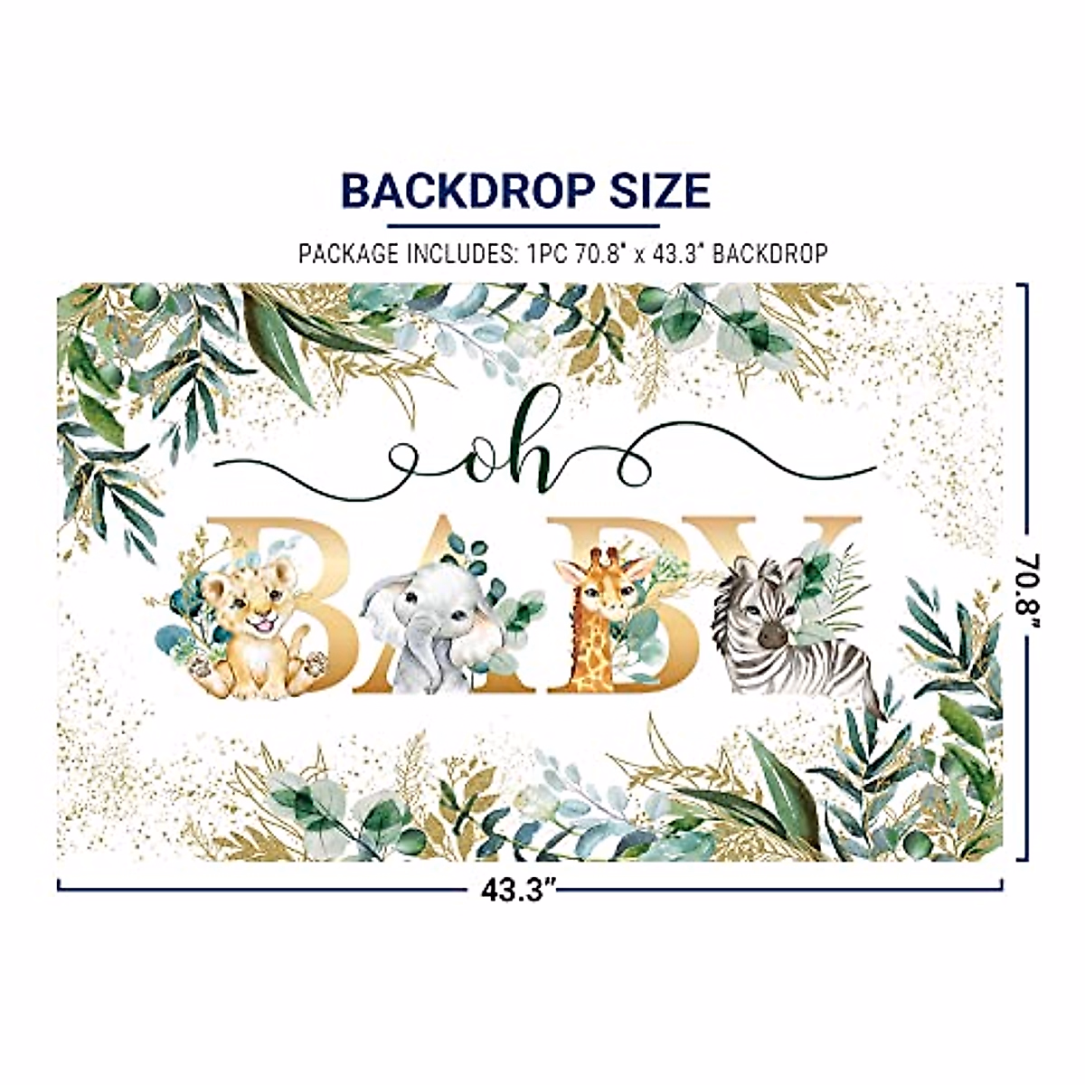 Allenjoy 70.8" x 43.3" Safari Baby Shower Backdrop Jungle Animals Oh Baby Party Banner Gold Greenery Leaves Decor Wild Gender Neutral Party Decorations Supplies