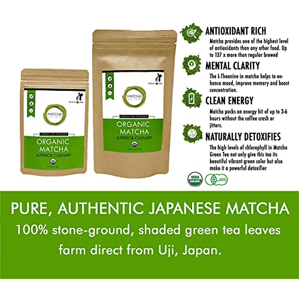 eco heed Organic Japanese Matcha Green Tea Powder - Premium Superior Culinary Grade - Stone Ground No Additives - (3.5oz)