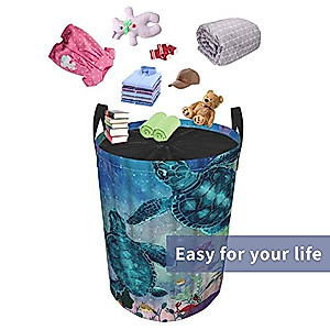 Round Storage Basket with Handles,Sea Turtle Ocean Creature Landscape Underwater Fish Seaweed Jellyfish Coral,Waterproof Coating Organizer Bin Laundry Hamper for Nursery Clothes Toys 21.5"x 16.5"