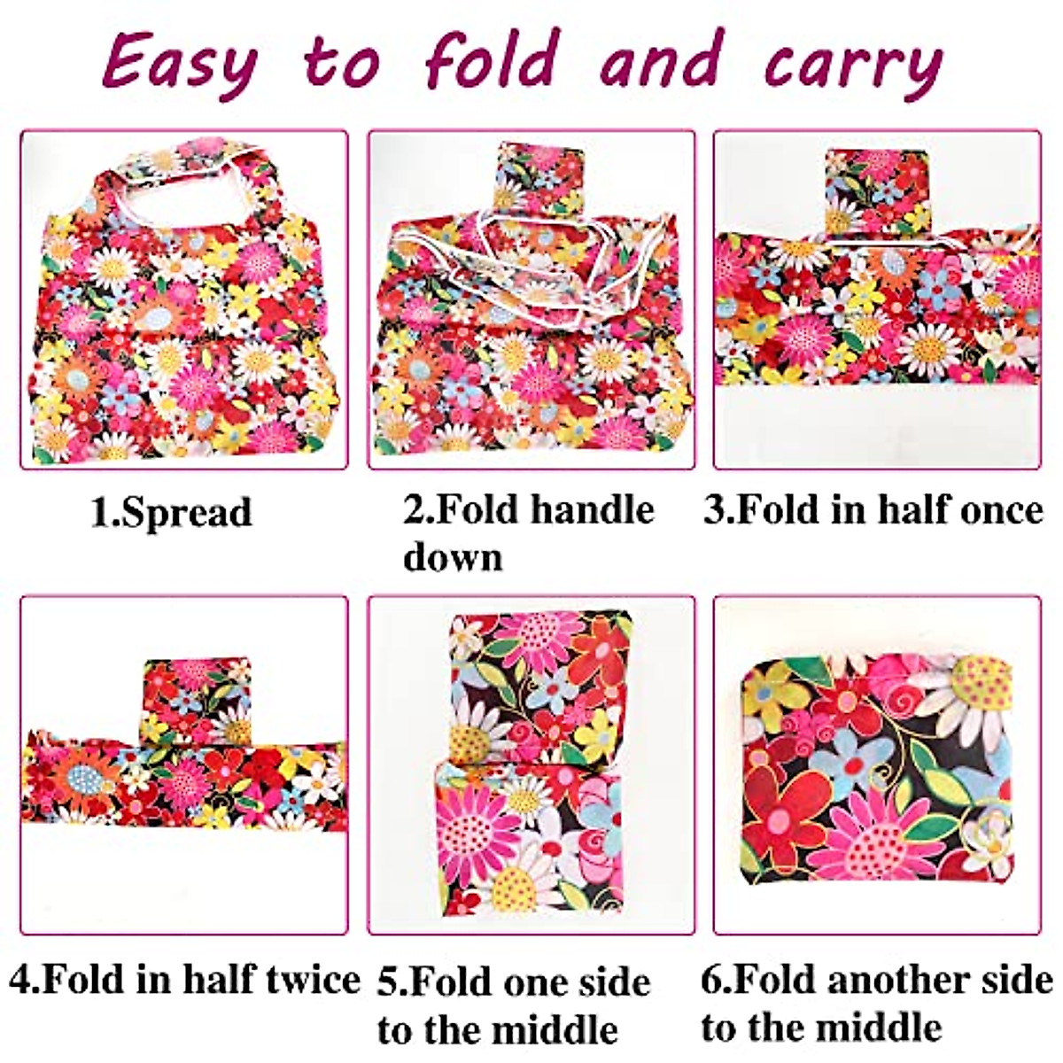 Niurewan 15 Pack Foldable Grocery Shopping Bags,Colorful Flower Reusable Grocery Bags,Large 50LBS Durable Shopping Totes for Groceries,Snacks,Vegetables,Fruits