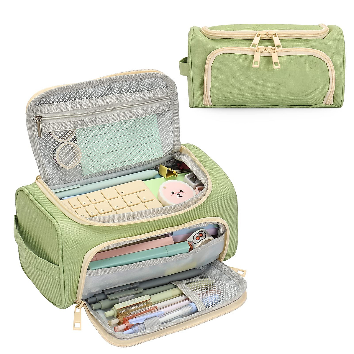 LABUK Large Pencil Case, Big Capacity Pencil Bag with 3 Compartments, for School Teen Girl Boy Men Women,Green