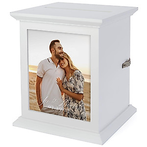 Displays2go Wooden Wedding Card Box, 8" x 10" Photo Frame, Top Slot, Rear Access Door - Ivory (FDGWCBWHT)