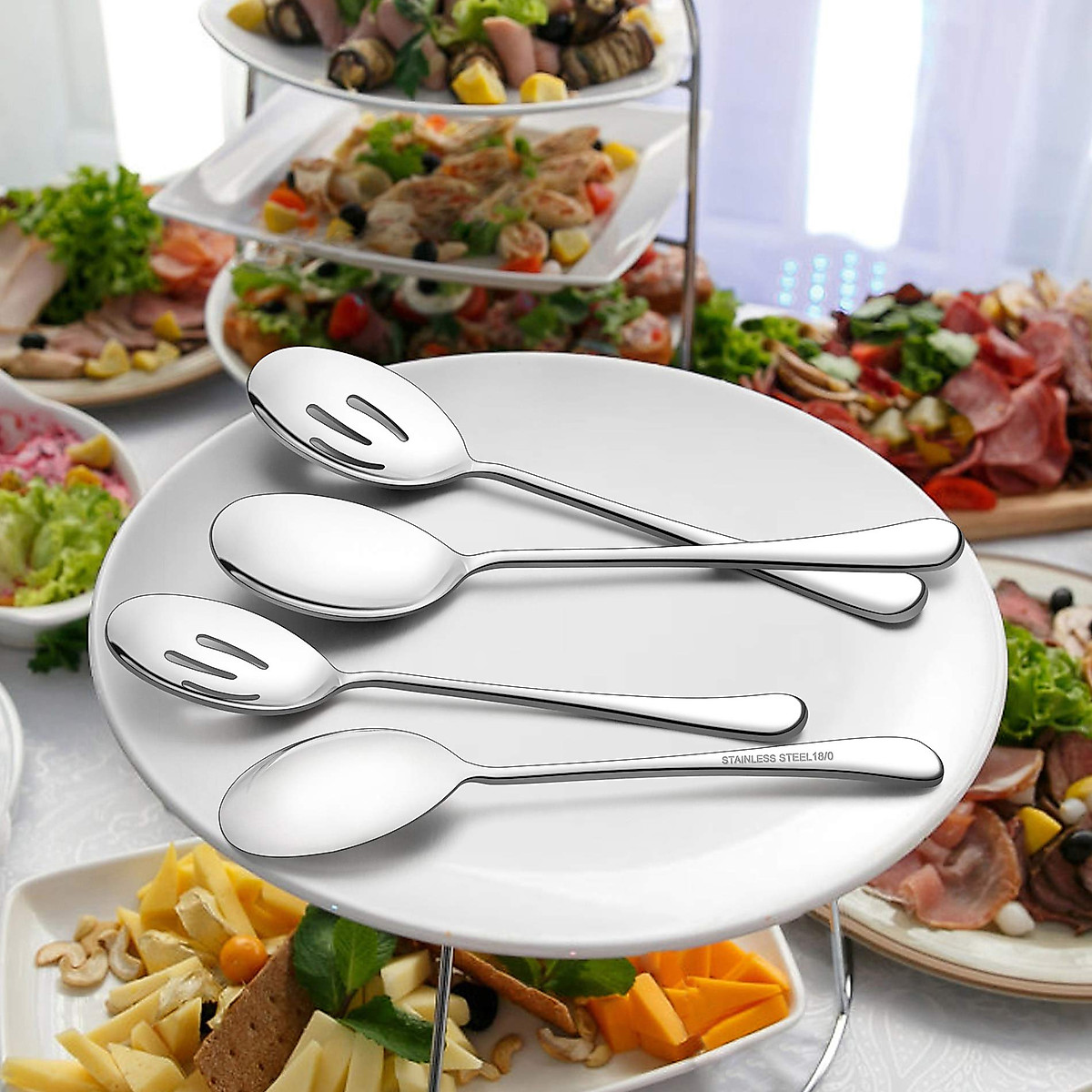 LIANYU Large Serving Spoons and Forks Set of 12, Stainless Steel Buffet Catering Dinner Party Slotted Serving Spoon Fork, 9.8 Inch, Mirror Finished, Dishwasher Safe