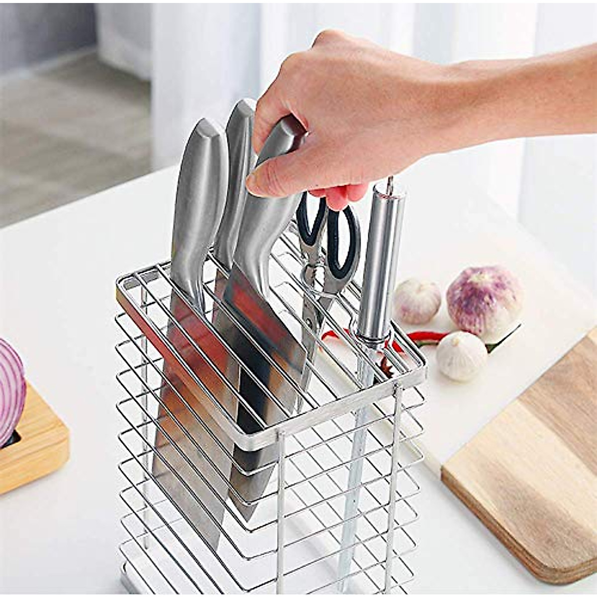 ZH1 The Thickened 304 Stainless Steel Knife Holder is Easy to Clean and Save Space. The Unique Slot Can Protect The Blade and Has a Removable Water Tray.