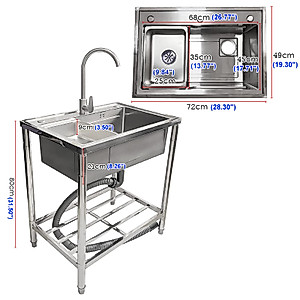 Freestanding Stainless Steel Sink Commercial Restaurant Sink Single Bowl Outdoor Sink with Cold and Hot Water Pipe Undershelf Faucet for Cafe, Bar,Hotel,Garage,Laundry Room,28.3"D x 19.3"W x 31.5"H
