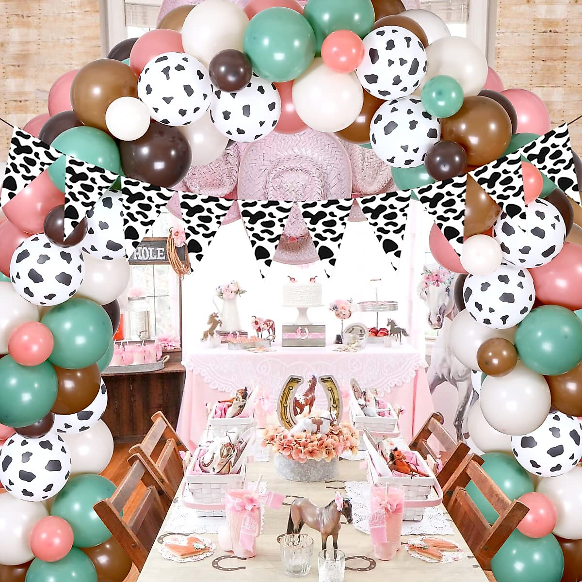Cowgirl Balloon Garland Arch Kit 115pcs with Cow Print Pennant Banner for First Rodeo Birthday Party Decorations Western Last Rodeo Bachelorette Decor Farm Party Supplies
