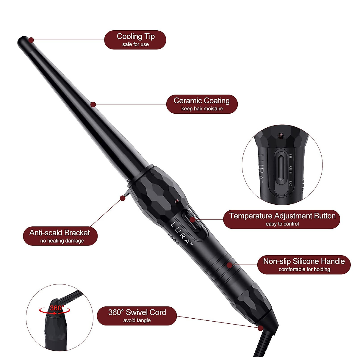 LURA Ceramic Tourmaline Coating Curling Wand, 1/2-1 Inch Barrel Hair Curler with 2 Heat Setting (320/410℉), Suitable for All Hair Types