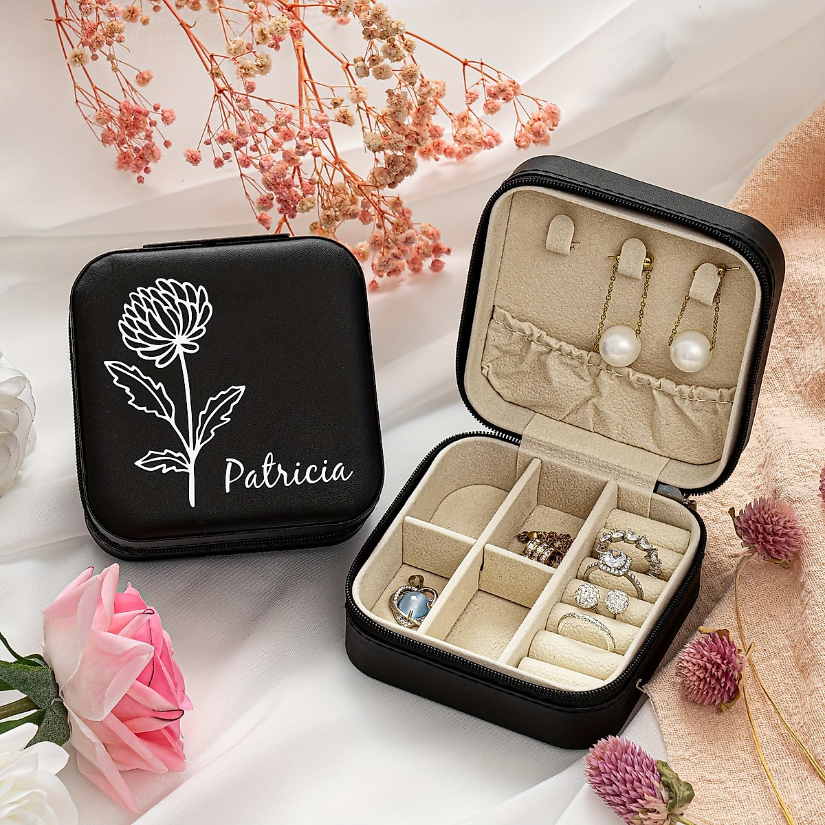 Custom Birthday Flower Jewelry Storage Box, Birth Month Flower Gift Box, Birthday Gift For Women, Leather Jewelry Storage Box Display Box