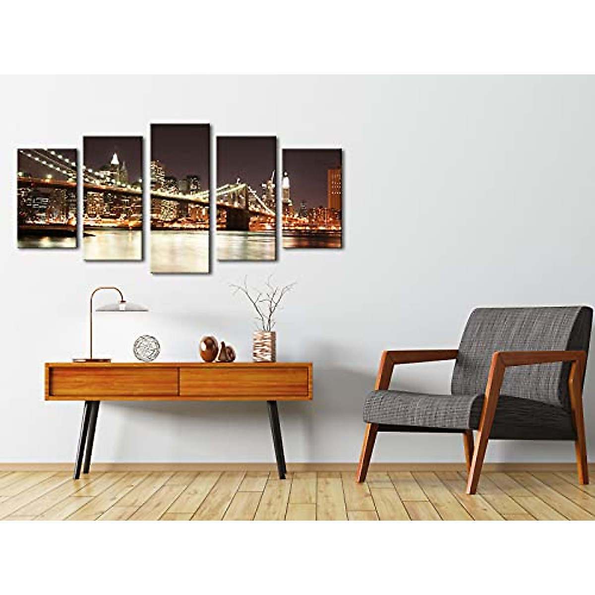 Wieco Art 5 Piece Giclee Canvas Prints Wall Art The Brooklyn Bridge Landscape Pictures Photo Paintings for Living Room Bedroom Home Decorations Modern Stretched and Framed City Skyline Art Work