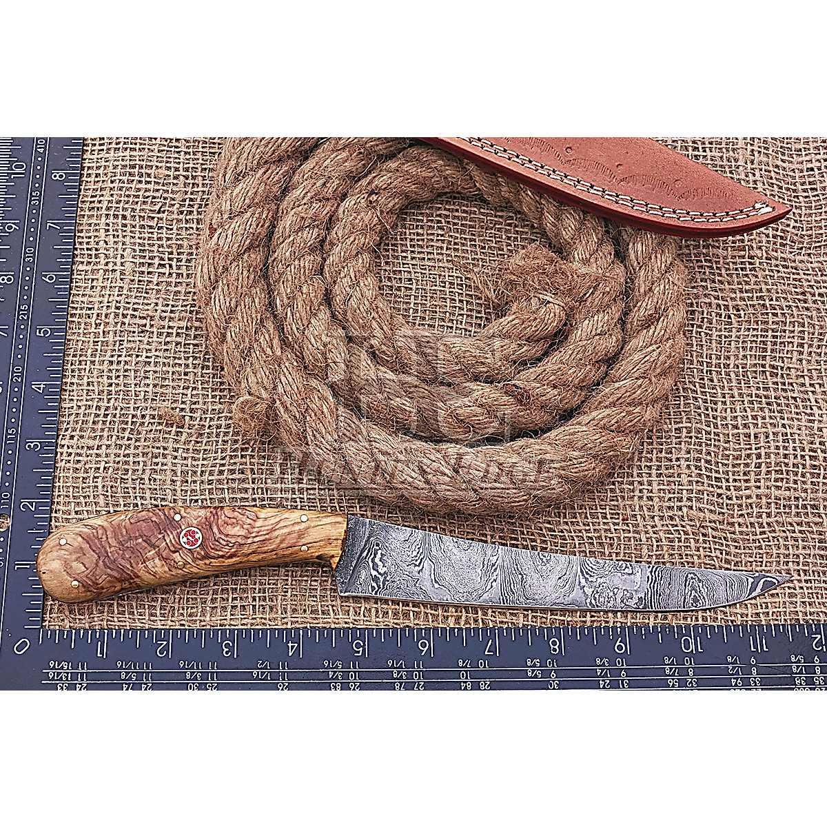 HUNTEX Handmade Hand-Forged Twist Pattern Damascus Steel 11.5 Inch Long Full Tang Olive Wood Handle Razor Sharp Hunting Camping Fillet Knife w/Genuine Leather Pouch