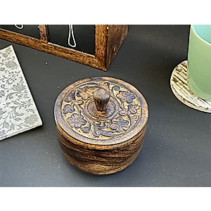 Rustic Salt Box Cellar with Hand Carved Lid & Spoon, Wooden Salt Pinch Bowls | Wood Salt Keeper, Spice Bowls for Cooking | Salt Pepper Tea Sugar Coffee Storage Holder for Kitchen, Mothers Day Gift