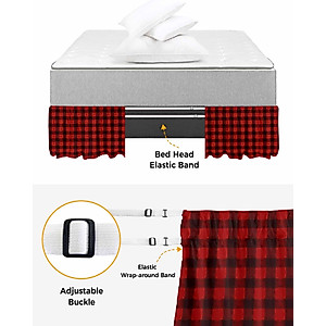 Red Black Plaid Bed Skirt Queen Size 16 Inch Drop, Adjustable & Elastic Wrap Around Bed Skirts Pleated Luxury Dust Ruffles for Twin Full Queen Cal King Base Bed, Christmas Farmhouse Rustic Checkered