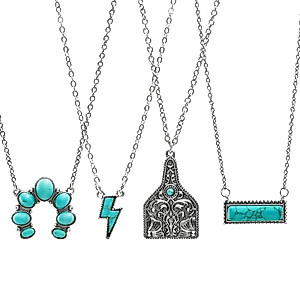 4 Pcs Western Jewelry Set for Women Bohemian Delicate Turquoise Necklace Set Women's Elegant Stainless Steel Vintage Turquoise Jewelry Set Square Boho Pendant Long Choker for Party Womens Accessories