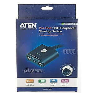 ATEN US224 2 x 4 USB 2.0 Peripheral Sharing USB Switch 2 Computers Share 4 Devices Simple Remote Port Selector Included Supports Optional USB Power Adapter - Windows Mac Linux