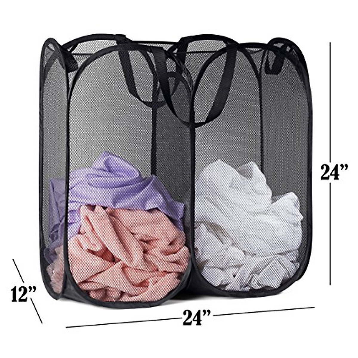 Mesh Popup Laundry Hamper - Two Compartments, Collapsible for Storage and Easy to Open. Folding Pop-Up Clothes Hampers are Great for The Kids Room, College Dorm or Travel. (Black)