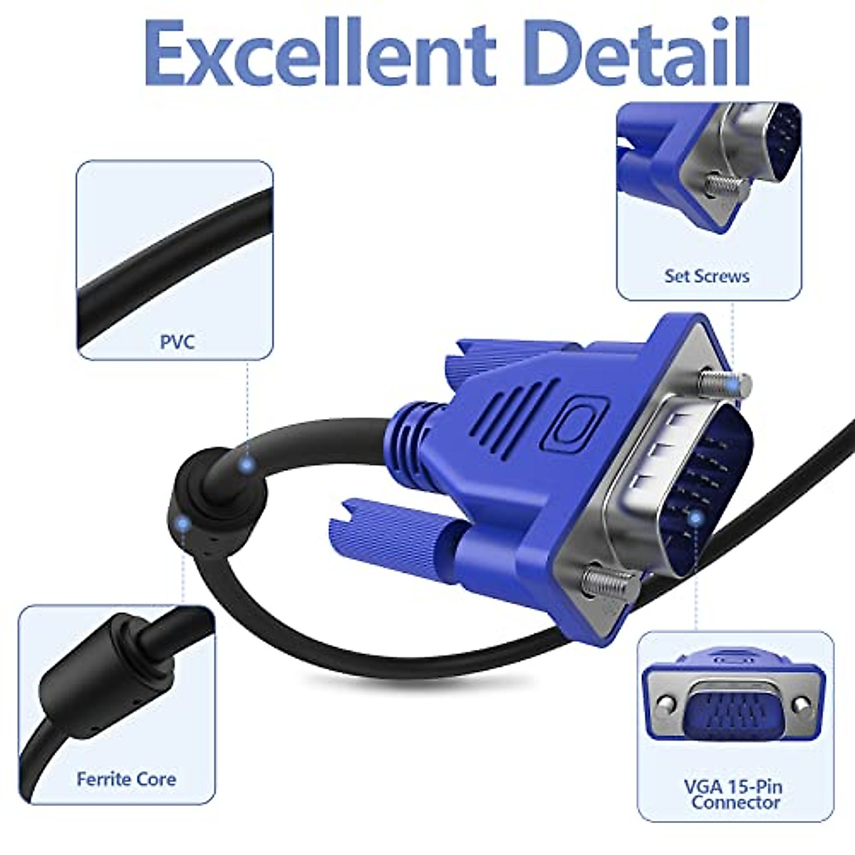 Weduda VGA to VGA Cable 6 feet 2 Pack, 15 pin 1080P Full HD Male to Male Monitor Cable for Computer PC Laptops TV Projectors