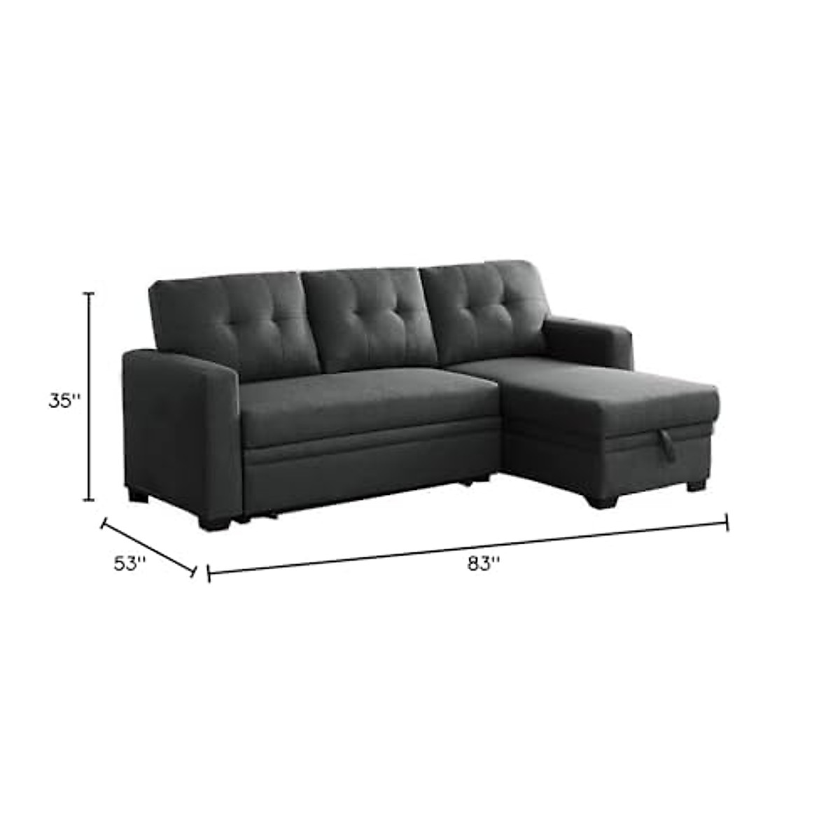 Pemberly Row L-Shaped Transitional Polyester Fabric Reversible, Easy Convertible Pull-Out Sleeper Sectional Sofa/Storage Chaise with Tufted Back Cushions and Track Arms in Dark Gray