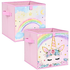 Cube Storage Bins - 2 Pack Fabric Foldable Storage Cubes Organizer for Kids Decorative Storage Baskets with Handles 11" x 11" Home Closet Nursery Room Bedroom (Unicorn)