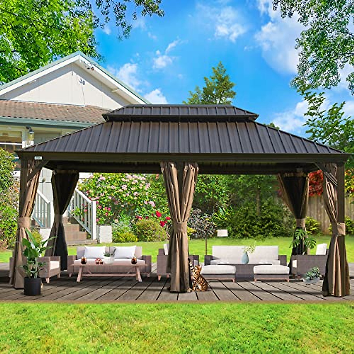 Domi 12x18FT Hardtop Gazebo with Netting & Curtains, Outdoor Aluminum Frame Gazebo with Galvanized Steel Double Roof, Outdoor Permanent Metal Pavilion for Patio Deck Lawn and Garden, Brown