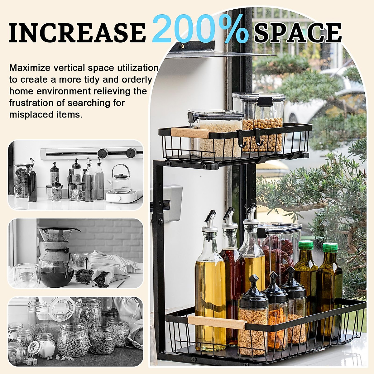 AT1nTen 2 Pack Under Sink Organizer, Sliding Cabinet Basket Organizer 2 Tier Under Bathroom Storage Rack with Hooks, Hanging Cup, Dividers, Multi-purpose Storage Shelf for Bathroom Kitchen, Black