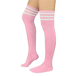 Century Star Women's Casual Athlete Striped Over Knee Socks Thin Thigh High Tights Stockings 1 Pair Pink White One Size