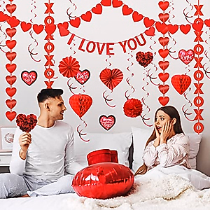30 Pieces Valentine's Day Decoration Kit I Love You Red Heart XOXO Garland Banner Heart Swirls Tissue Paper Fan Pom Hanging Decor for Home Hotel Engagement Wedding Valentines Party Supplies Set