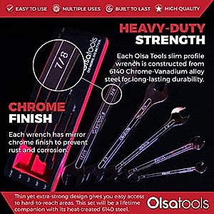 Olsa Tools Super-Thin Open End Wrench Set, Metric, Professional Grade, 7-Piece, Including 6mm to 19mm, Slim Spanner Wrench Set with EVA Foam Organizer