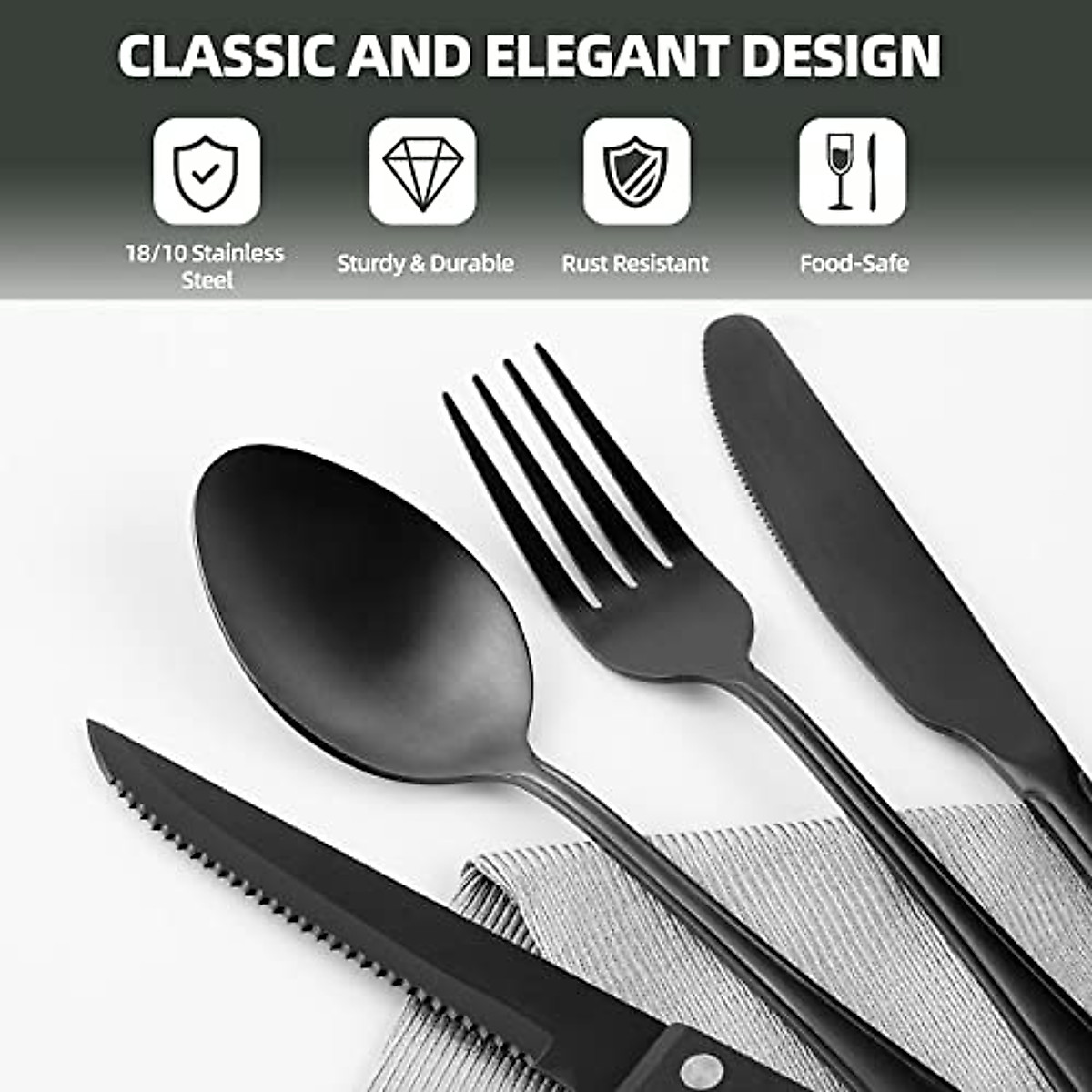 72 PCS Matte Black Silverware Set with Steak Knives for 12, Food-Grade Stainless Steel Flatware Cutlery Set For Home Restaurant Hotel, Kitchen Utensils Set, Dishwasher Safe