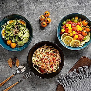 Selamica Ceramic 30 Ounce Large Pasta Bowls 8 inch Serving Bowls, Wide and Shallow Porcelain Bowls, Microwave Dishwasher Safe, Set of 4, Ceylon Blue(Glod rim)