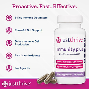 Just Thrive Immunity Plus - Vegan Gut Health and Immune Support Supplement for Kids and Adults, 60 Capsules