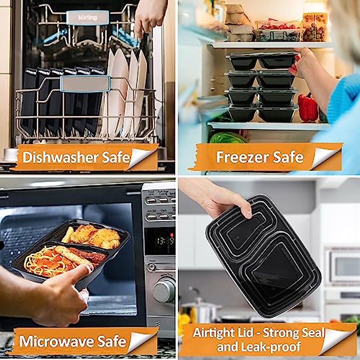 MORDEN MS Meal Prep Container With Lids, 50 Pack 2 Compartment Reusable Food Storage Container Divided Plastic Bento Lunch Box To-go Boxes, Microwave/Dishwasher/Freezer Safe,Portion Control(33oz)