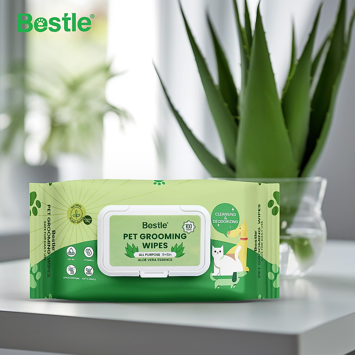 BESTLE Dog Wipes, 100 Count Pet Grooming Wipes, Conditioning Shine Coat, Cleaning and Deodorizing, Pet Wipes for Dogs & Cats, for Sensitive Skin (Aloe Vera)