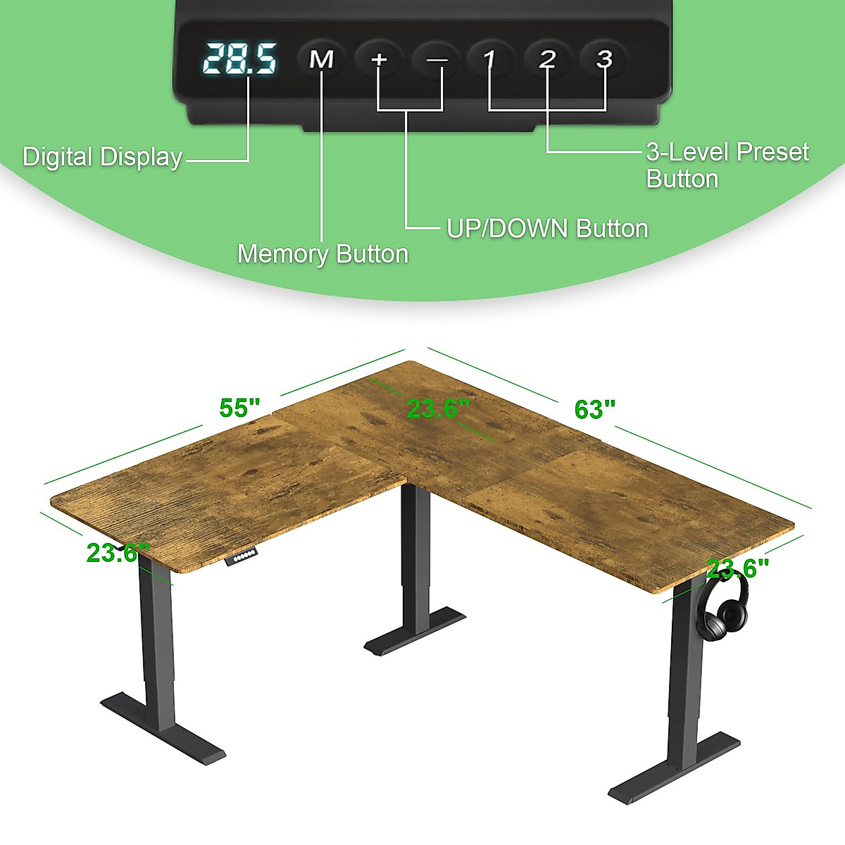 ExaDesk Upgrade Version 63 * 55 inch L Shaped Electric Adjustable Height Standing Desk, Corner Stand Up Desk, Sit Stand Computer L Desk for Gaming Office