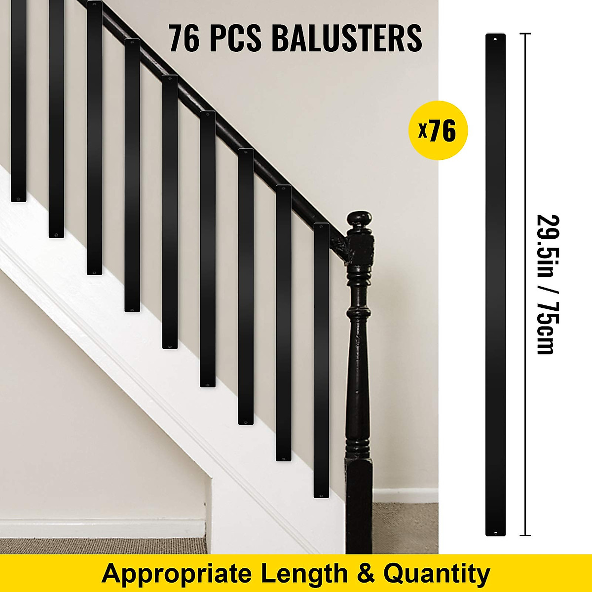 VEVOR Balusters 29.5 Inch-76 Pack Staircase with Screws Flat Aluminum Railing, for Outdoor Stair Deck Porch, Black, 76 Count