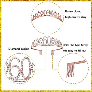 60th Birthday Sash and Tiara for Women, Rose Gold 60th Birthday Decoration Set with Crown and '60 & Fabulous' Sash 60th Birthday Decorations for Woman