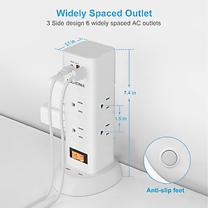 Power Strip Tower 6 Outlets with 3 USB Ports(PD20W & QC18W) Quick Desk Charging Station, 6 ft White Extension Cord, Flat Plug, Multi Plug Outlet Extender,1080 J Surge Protector for Home Office