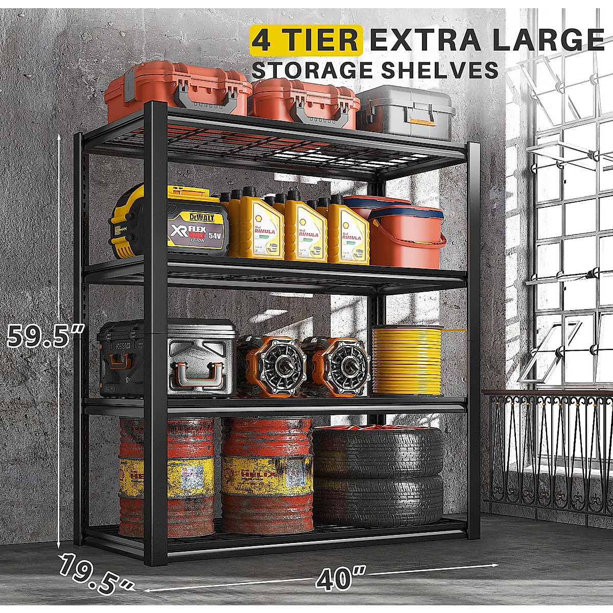 REIBII 40" W Garage Shelving 2240 LBS Storage Shelves Heavy Duty Shelving 4-Tier Adjustable Metal Shelves for Garage Shelves Rack Industrial Utility Shelf for Basement Warehouse,40" W X19.5 D X59.5 H