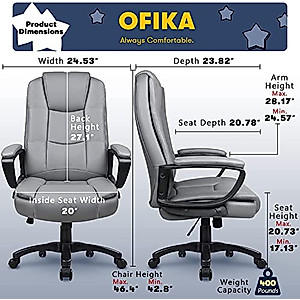 OFIKA Home Office Chair,400LBS Ergonomic Desk Chair, Adjustable Task Chair for Lumbar Back Support, Computer Chair with Rolling Swivel and Armrest, Modern Executive High Back Leather Chairs (Grey)