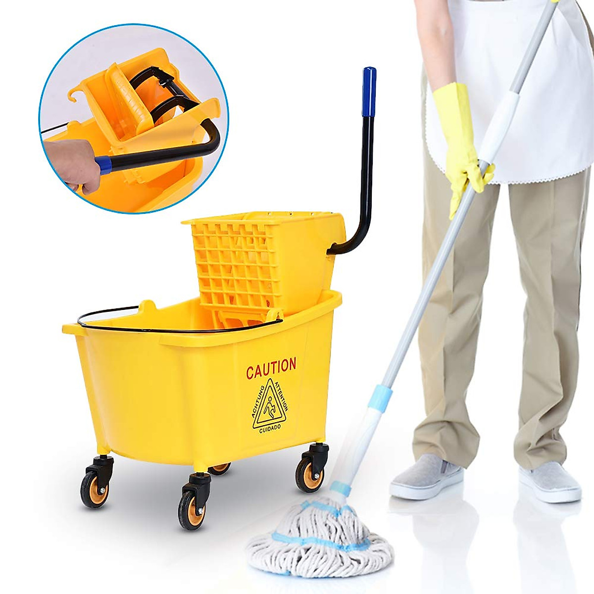 Toolsempire Commercial Mop Bucket, Mop Bucket with Wringer, Household Portable Mop Bucket, Very Suitable for Home and Public Floors, Capacity 32L, Yellow