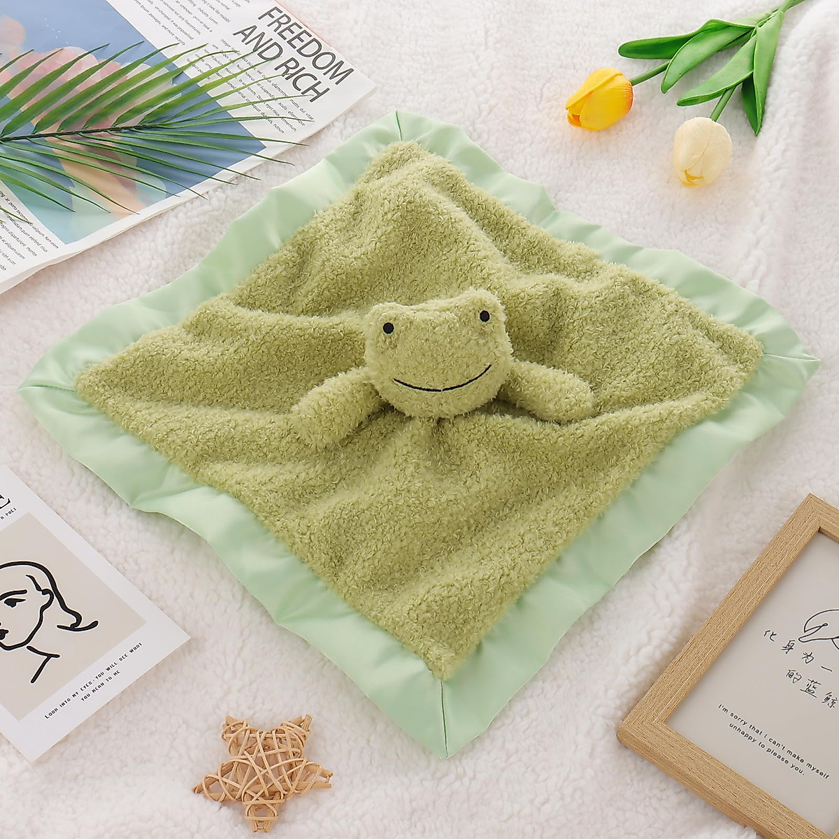 Apricot Lamb Luxury Snuggle Plush Cute Green Frog Infant Stuffed Animals Security Blanket Nursery Character Blanket (Green Frog, 14 Inches)