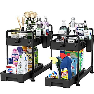 SOLEJAZZ 2-Tier Under Sink Organizer, Sliding Under Bathroom Cabinet Storage Drawer Organizer with Hooks, Hanging Cup, Dividers, Handles, Multi-purpose Under Sink Shelf Organizer, Black, 2 Pack
