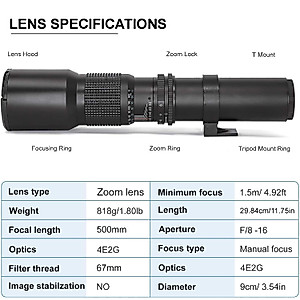 Acuvar 500mm f/8 Manual Telephoto Lens for Canon EOS 80D, 90D, Rebel T3, T3i, T5, T5i, T6i, T6s, T7, T7I, T8I, SL3, 60D, 70D, 5D, EOS5D IV, 6D II, 7D II SLR Cameras (500MM for Canon)