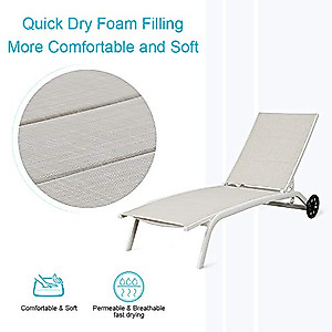 Ulax Furniture Outdoor Chaise Lounge Adjustable Padded Patio Reclining Chaise Lounger Chair with Non-Rust Aluminum Frame and Wheels, Set of 2 (Beige)