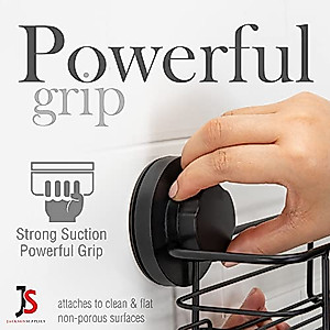 JS Jackson Supplies Set of Matte Black Suction Cup Rectangular Shower Shelves, (2) Caddies and (2) Suction Cup Shower Hooks