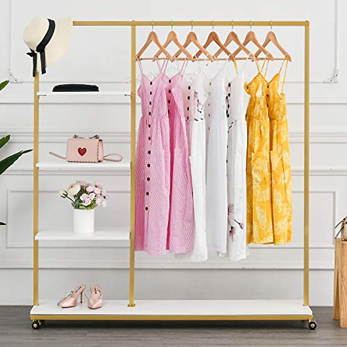 BOSURU Rolling Gold Clothing Racks on Wheels with Metal Pipes Modern Floor Standing Clothes Display Racks Hanging Clothes 4-Tier Garment Rack with Wood Shelves for Bedroom Living Room Cloth Store 59"