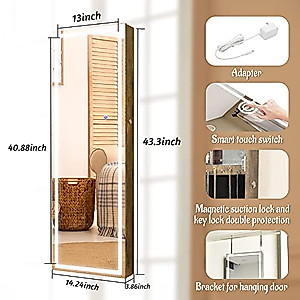 Ntufrest Jewelry Organizer with Led Mirror, 6 LEDs Mirror Jewelry Cabinet,Wall/Door Mounted Jewelry Armoires for Women, Full Length Mirror with Jewelry Storage，Magnetic Lock