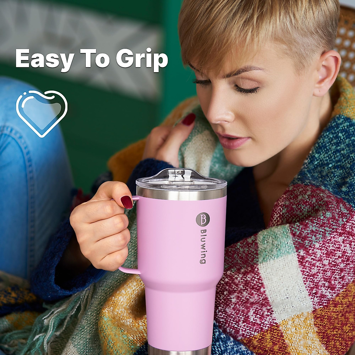 Bluwing Travel Mugs with Handle 30 oz Stainless Steel Double Wall Insulated Coffee Tumblers with Lid and Straw (Apple Green)