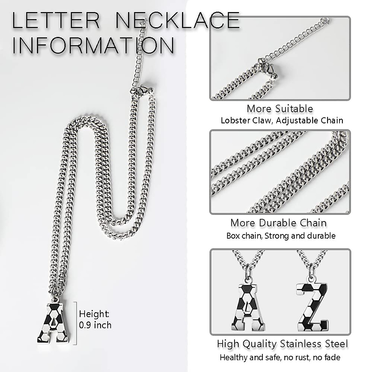 AIAINAGI Soccer Initial A-Z Letter Necklace for Men Soccer Charm Pendant Stainless Steel Silver Chain 22inch Personalized Soccer Gift for Men(A)