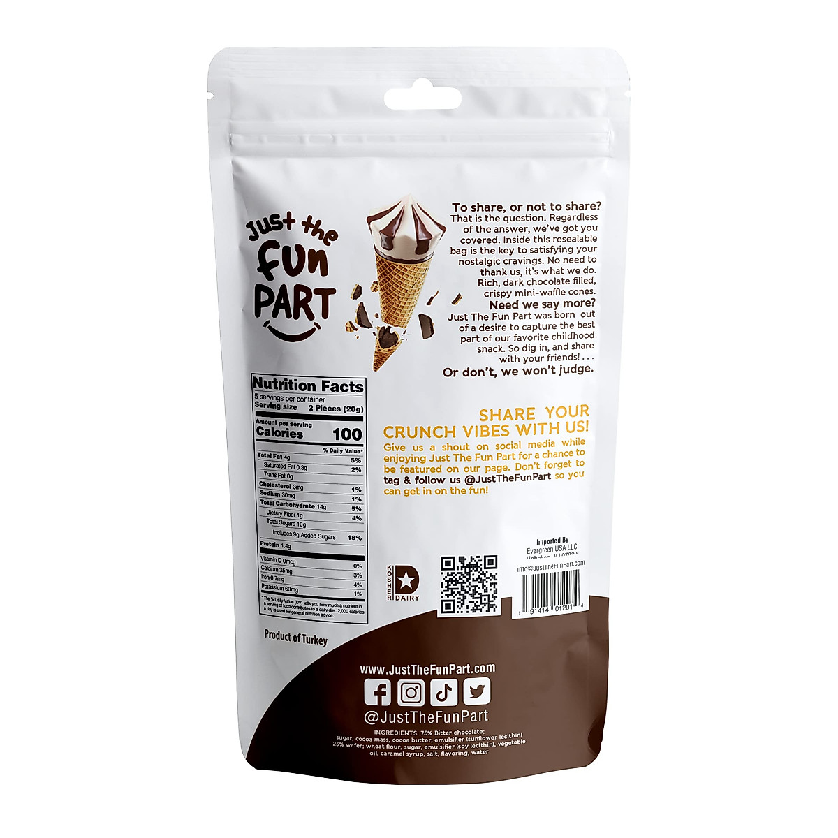 Just The Fun Part, Bite-Size Crispy Mini Waffle Cones with Premium Belgian Chocolate, Great for Snacks, Dessert, Grab & Go - Kosher, Dark Chocolate (Pack of 6)